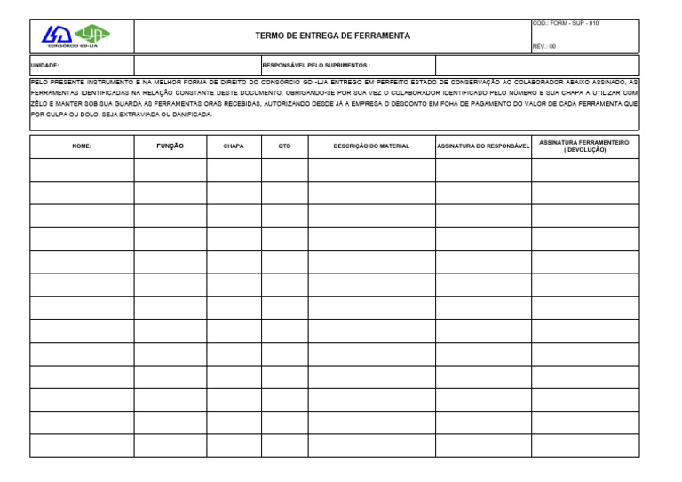 Form - Sup - 010 - Termo de Entrega de Ferramentas | PDF