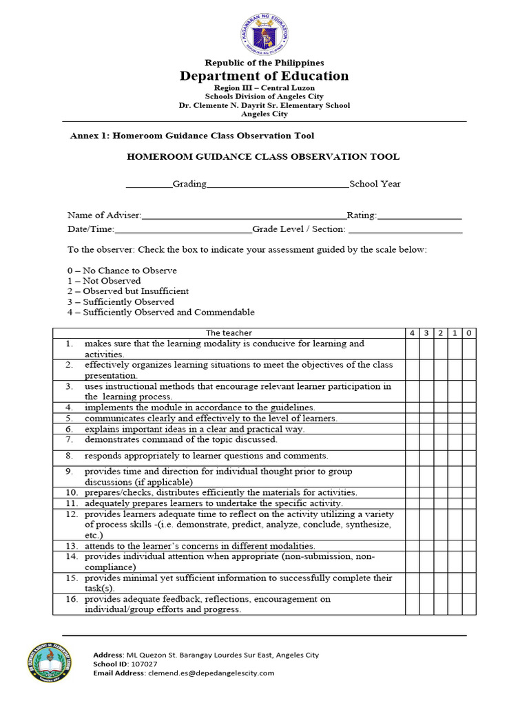 Homeroom Guidance Class Observation Tool | PDF | Learning | Educational ...