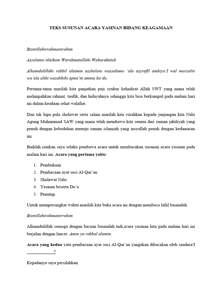 Teks Susunan Acara Yasinan Bidang Keagamaan | PDF