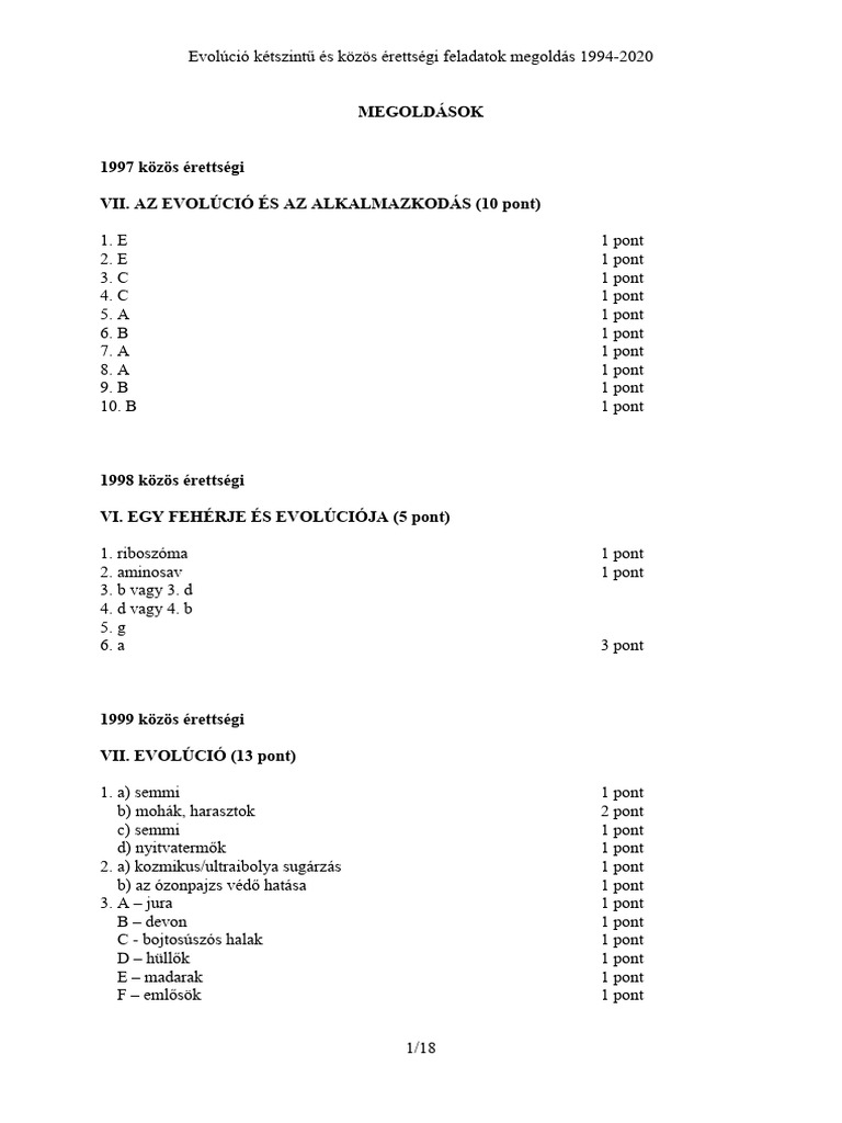 Evolucio Ketszintu Es Kozos Erettsegi Feladatok 1994 2020 Megoldasok | PDF