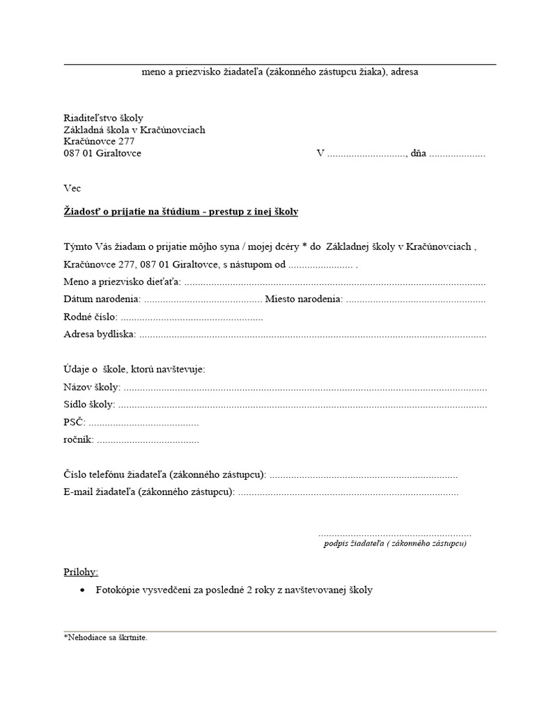 Ziadost - Prestup Z Inej Skoly | PDF