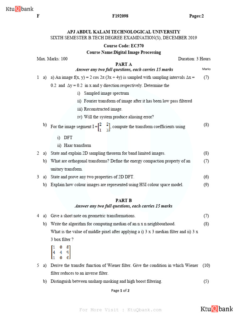 Dec 2019 EC370 - Digital Image Processing (S) - Ktu Qbank | PDF | Discrete Fourier Transform ...