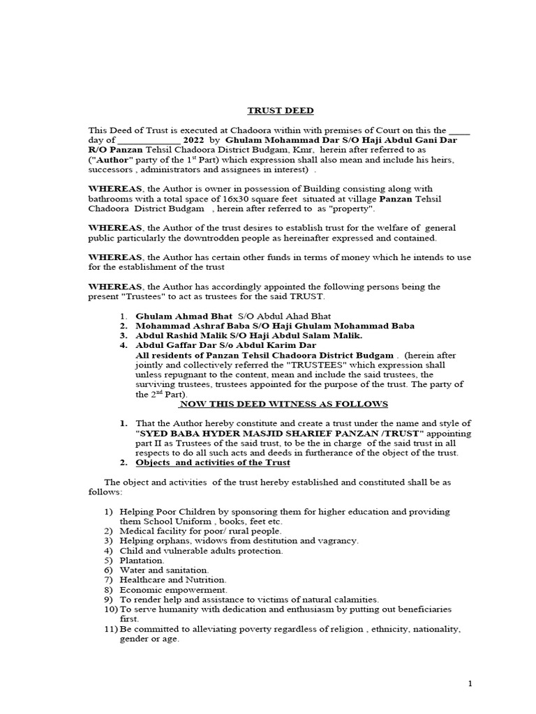 TRUST DEED Masjid Sharief Panzan | PDF | Trust Law | Poverty