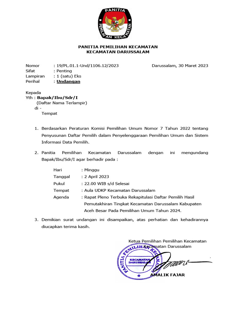 Undangan Rapat Pleno Tingkat Kecamatan | PDF Undangan Rapat Pleno Tingkat Kecamatan | PDF