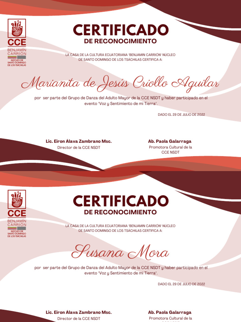 Certificados de Adulto Mayor Voz y Sentimiento de Mi Tierra | PDF