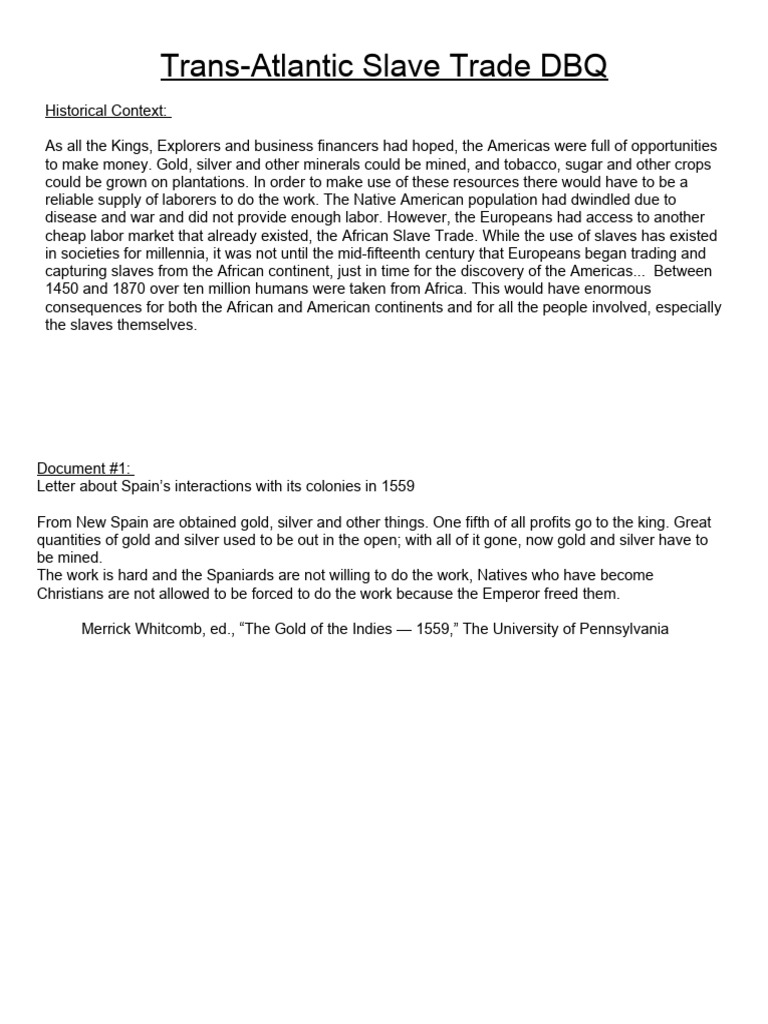 The Trans Atlantic Slave Trade DBQ Parts For Group Activity | PDF ...