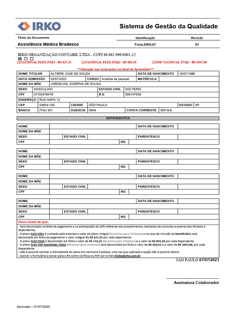 Form - DRH.07 - Inclusão Assistência Médica Altiere | PDF