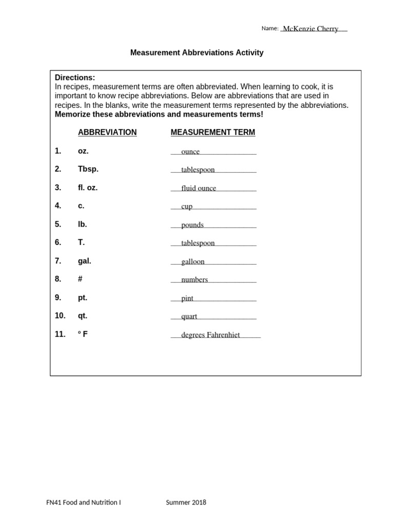FN41.2.04.Measurement Abbreviations Activity | PDF