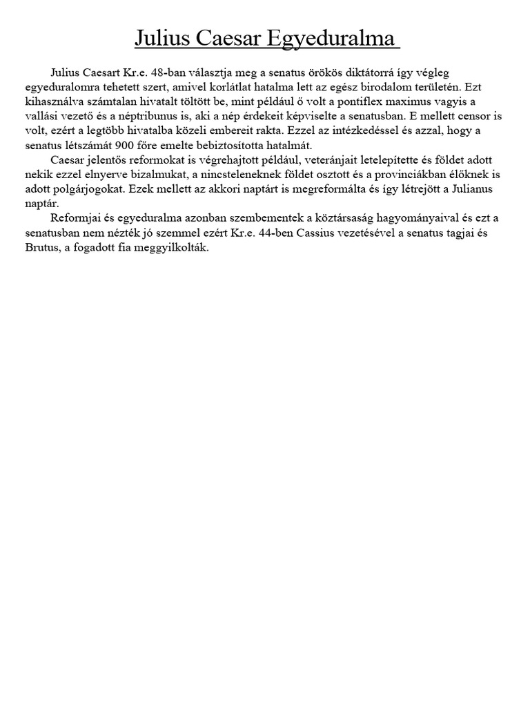 Julius Caesar Egyeduralma Esszé | PDF