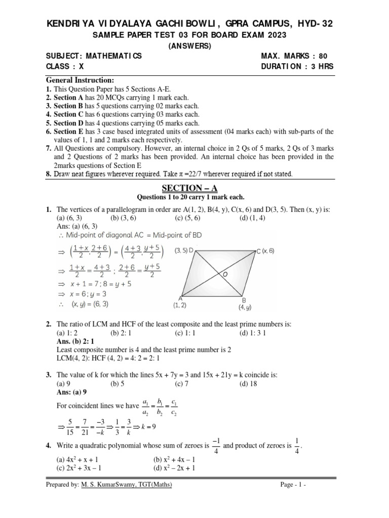 Sample Paper 3 KV | PDF | Area | Circle