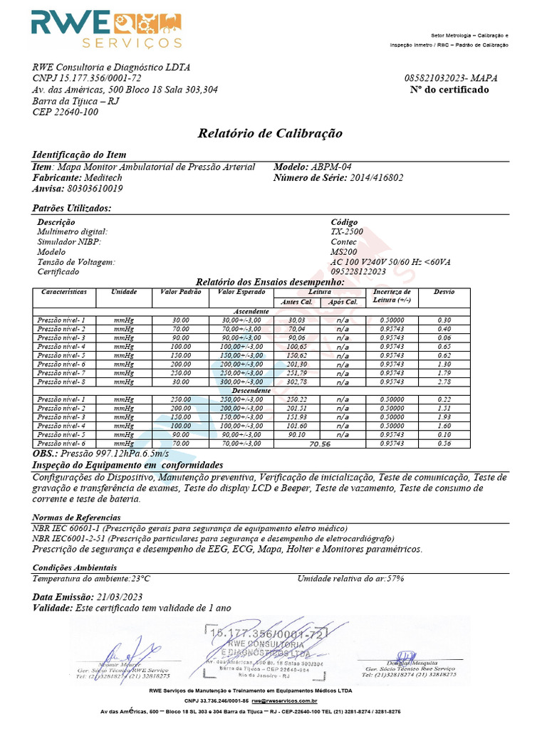 Certificado Calibração Mapa ABPM-04 SN 2014-416802 | PDF ...