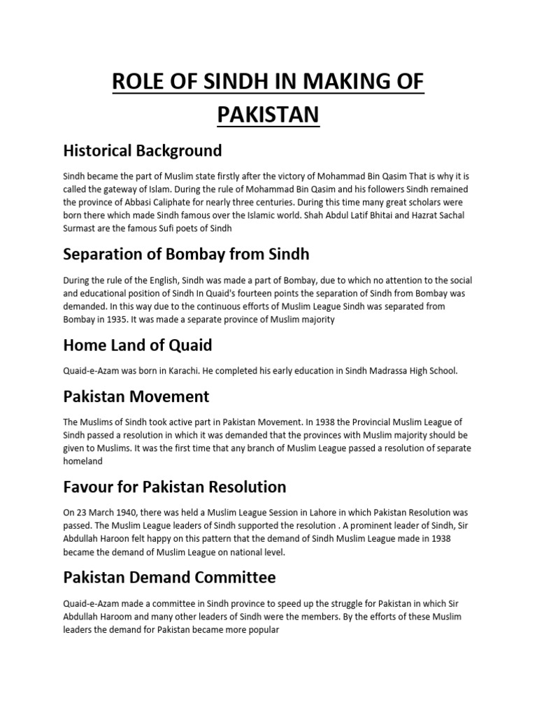 Role of Sindh | PDF | Sindh | All India Muslim League