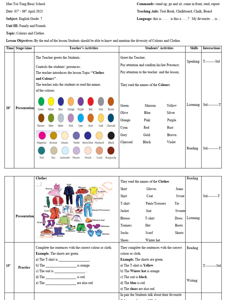 Lesson Plan 01 | PDF | Clothing | Color
