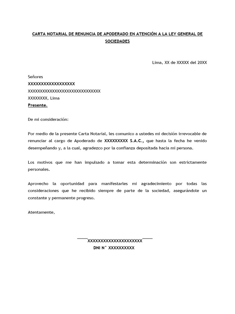 Modelo CARTA RENUNCIA Apoderado | PDF | Finanzas y dinero | Derecho