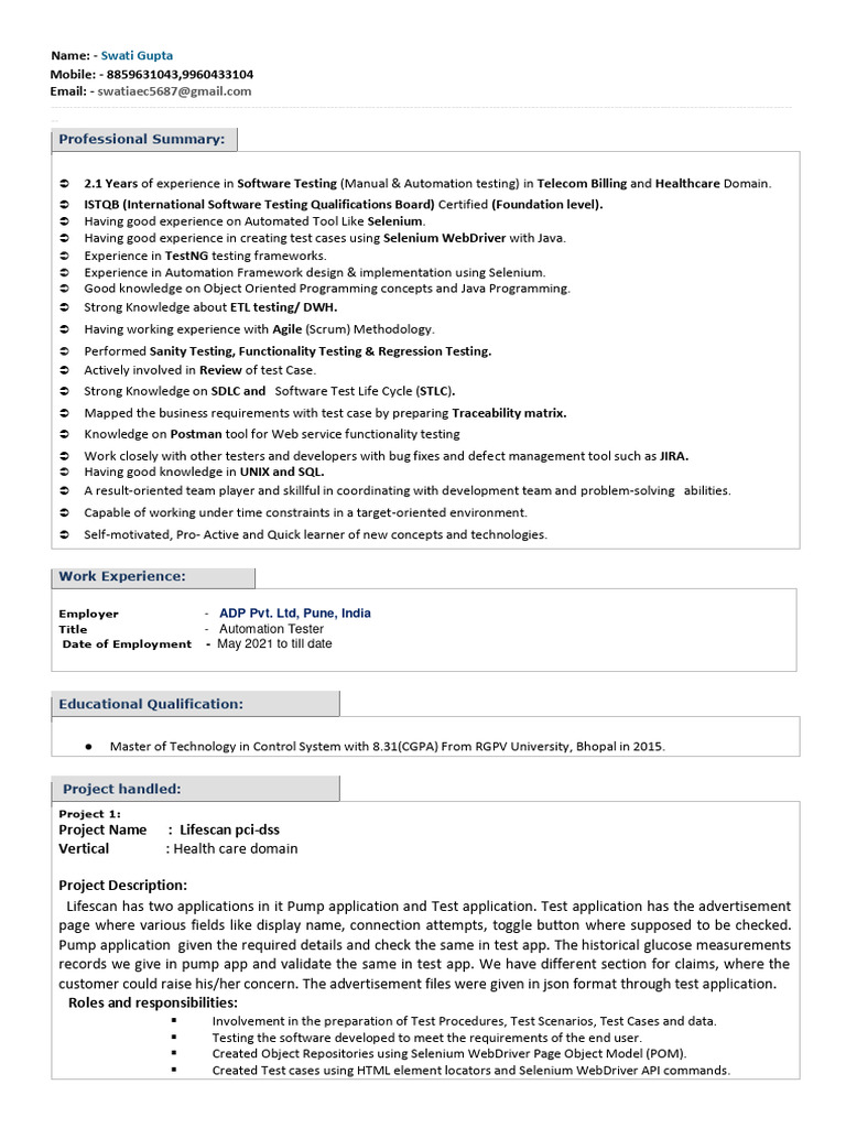 Swati Gupta Testing Experience | PDF | Software Testing | Application ...