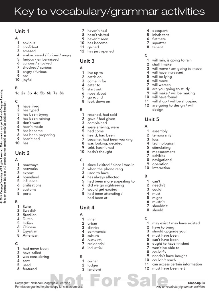 Close-Up - B2 - Extra Vocabulary and Grammar Tasks Key | PDF