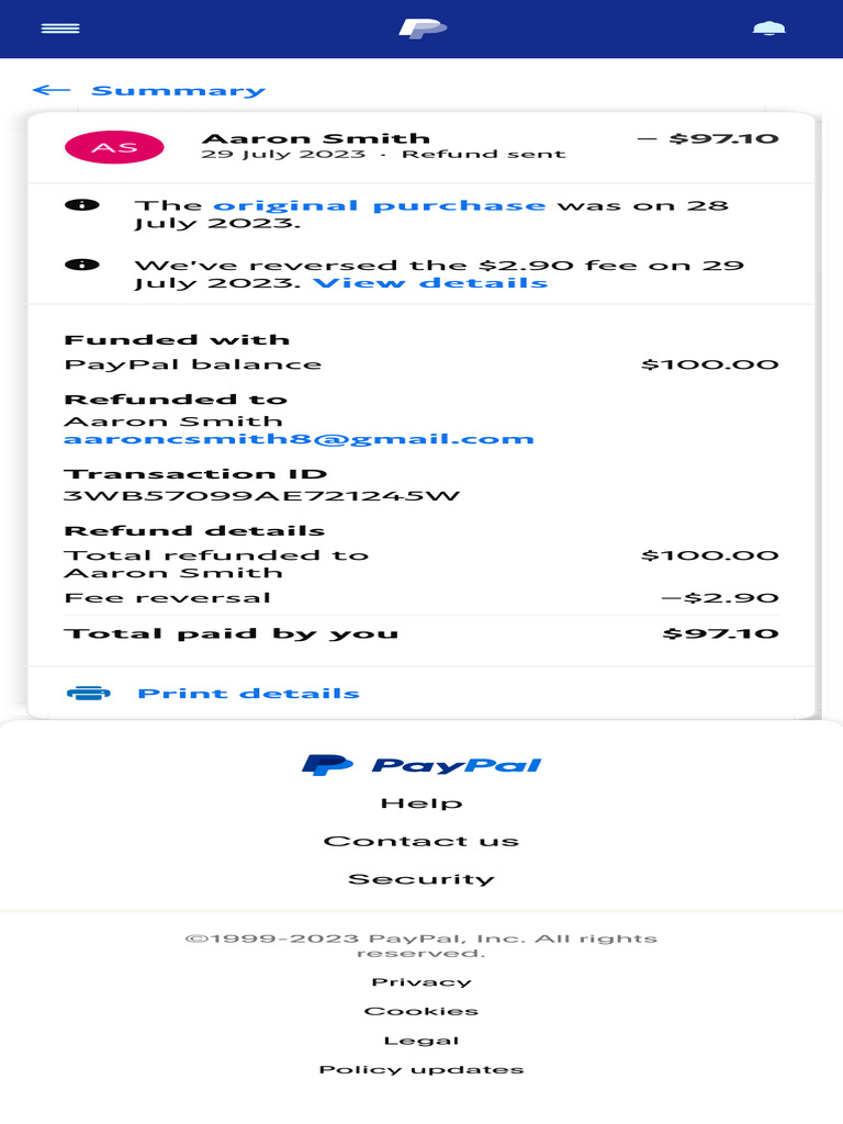 PayPal Refund Summary for Aaron Smith | PDF