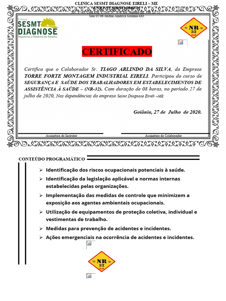 Certificado NR 32 | PDF
