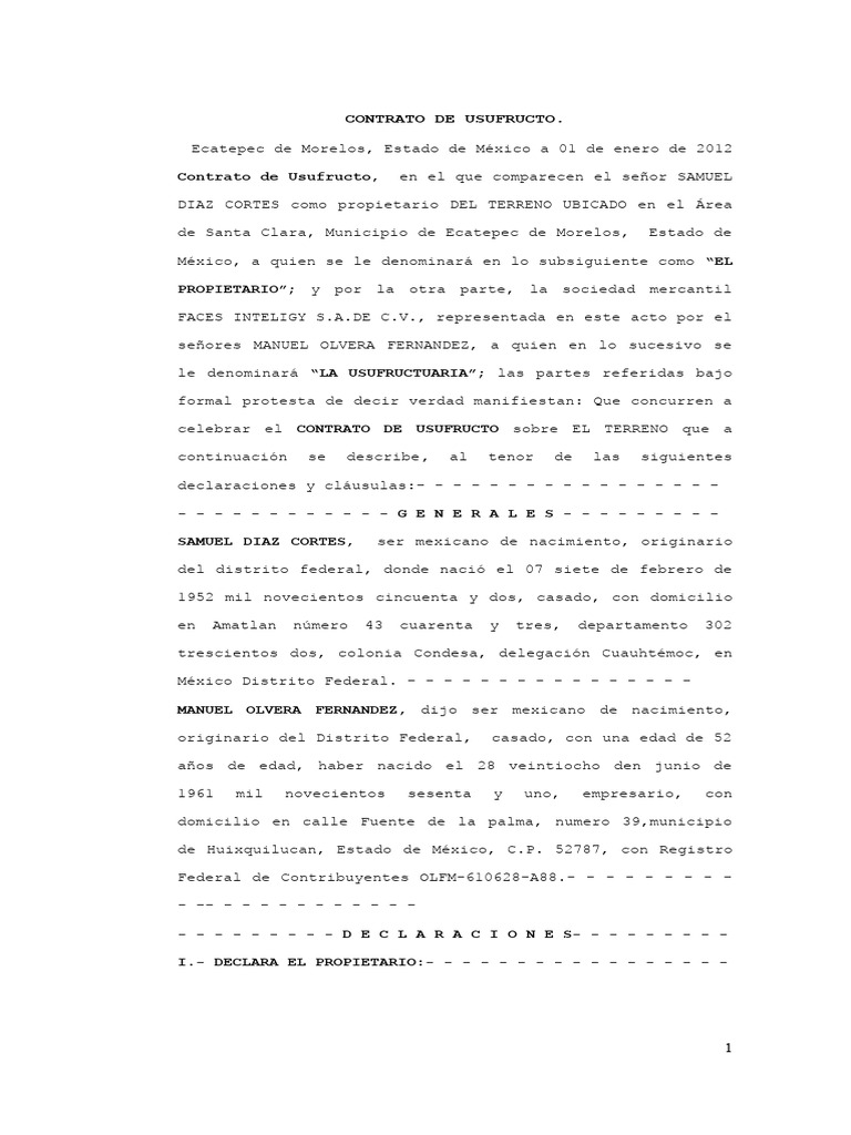 Contrato de Usufructo | Descargar gratis PDF | Propiedad | México