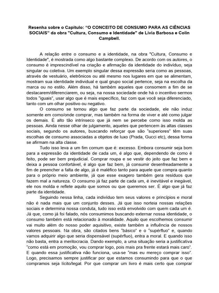 Resenha Sobre O Capítulo: "O Conceito de Consumo para As Ciências ...