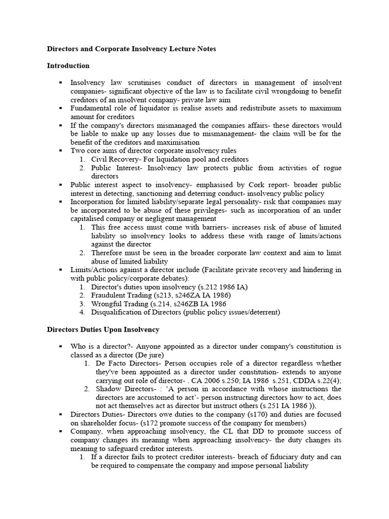 Directors in Insolvency Lecture Notes | PDF | Bankruptcy | Legal Liability