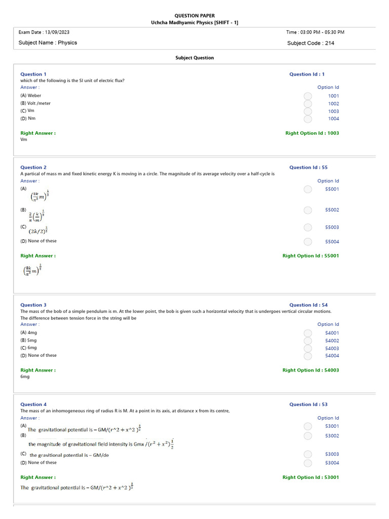 Subject Name: Physics Subject Code: 214: Question Id: 1 | Download Free ...