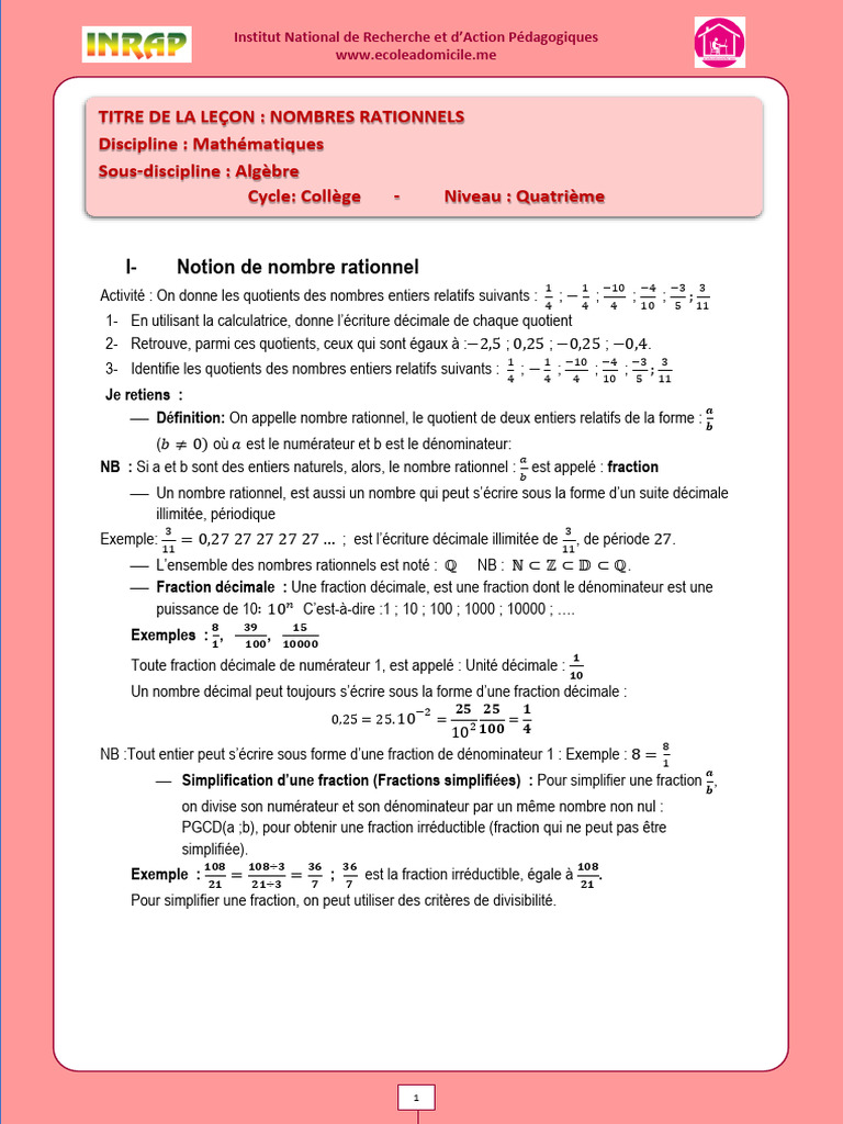 Math - Nombres Rationnels | Download Free PDF | Nombre rationnel ...