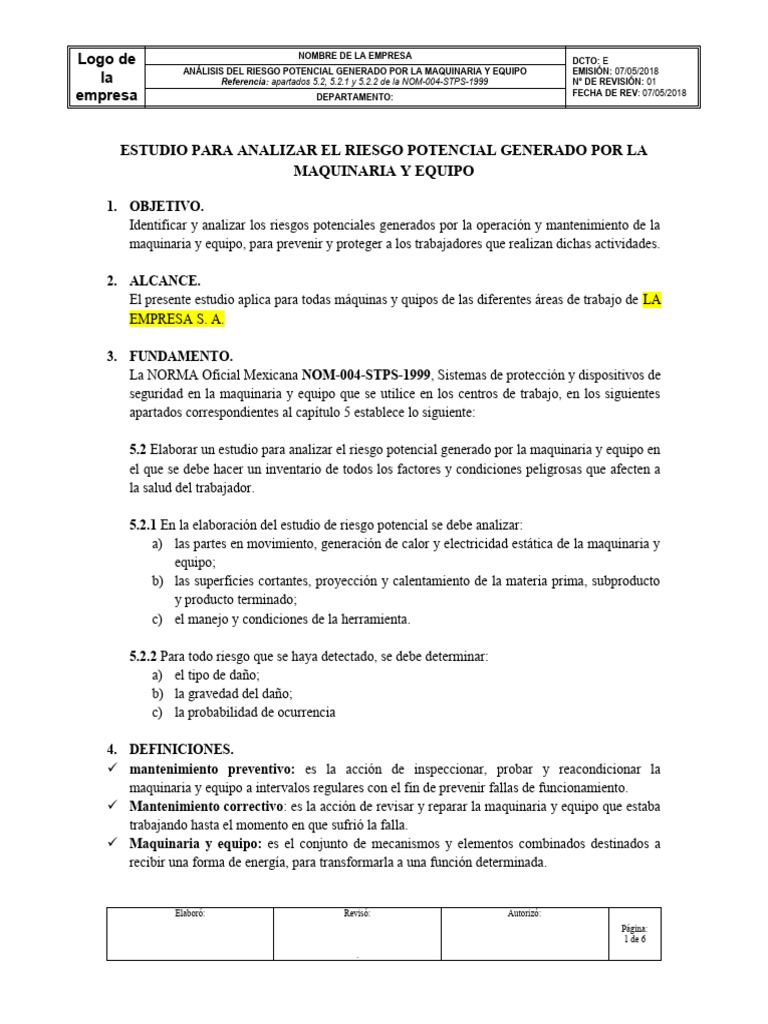 Estudio para Analizar El Riesgo Potencial Generado Por La Maquinaria y Equipo | PDF | Riesgo ...