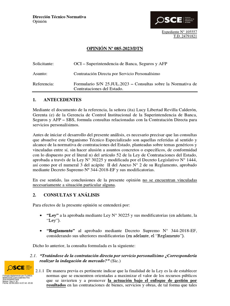Opinión 085-2023-DTN - SBS - CONTRAT.DIRECTA SERV.PERSONALISIMOS | PDF ...