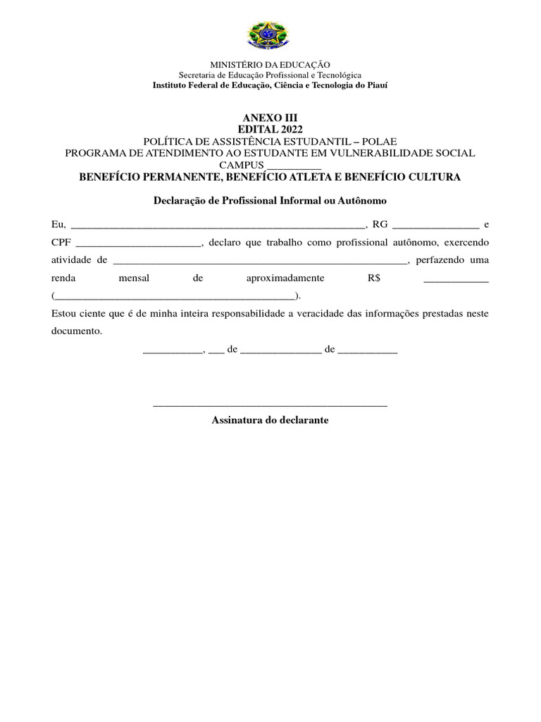 ANEXO III MODELO DECLARAÇÃO PROFISSIONAL AUTÔNOMO | PDF