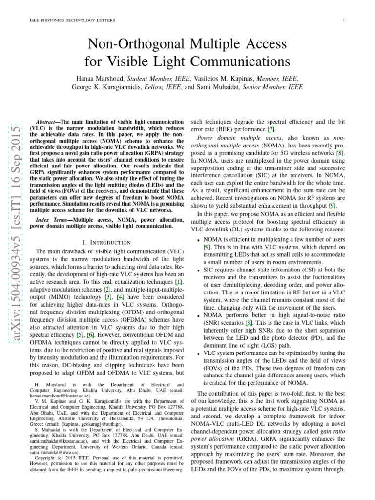 Non Orthogonal Multiple Access For VLC | PDF | Channel Access Method | Multiplexing