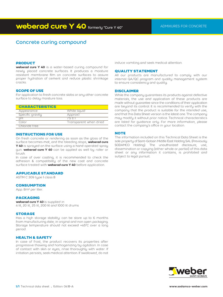 TDS Weberad Cure Y 40 | PDF | Concrete | Civil Engineering