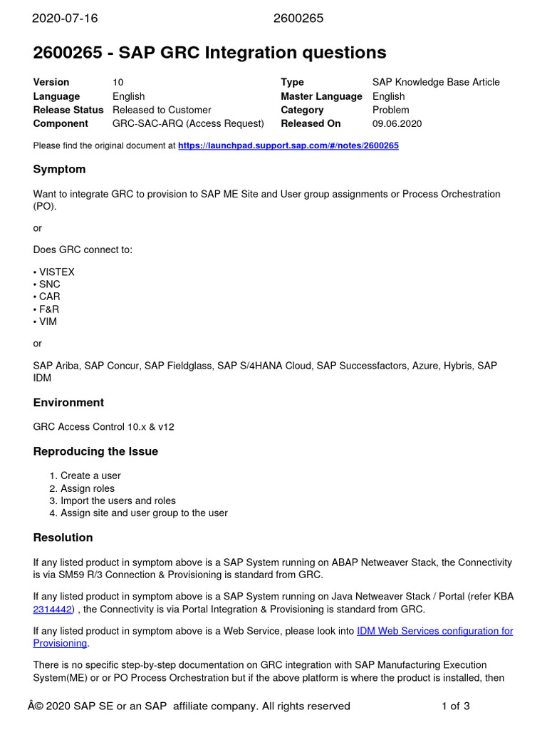 Sap Grc Integration Questions Pdf Computer Engineering