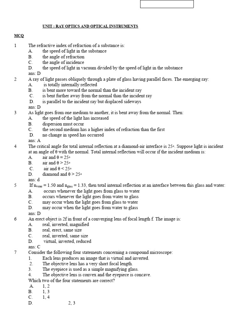 Worksheet Ray Optics | PDF | Refraction | Physics