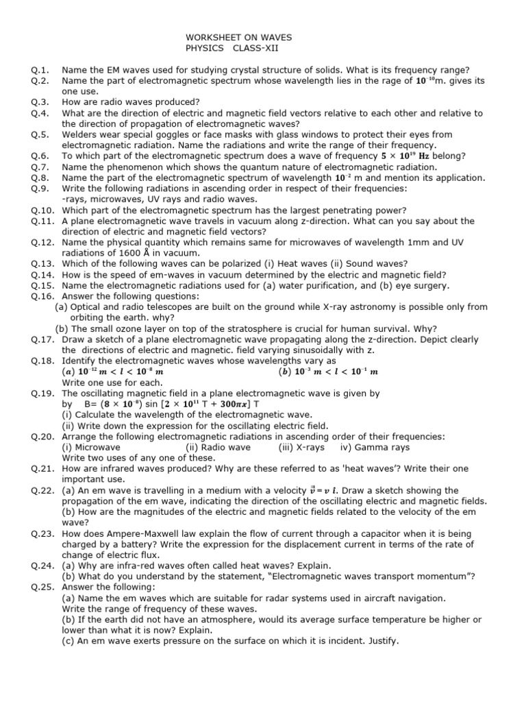 Electromagnetic Waves Physics Worksheet