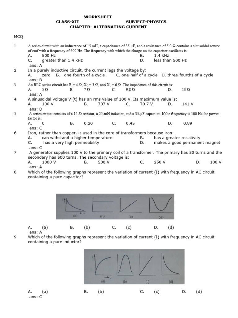 Worksheet Ac Xii | PDF | Inductor | Capacitor