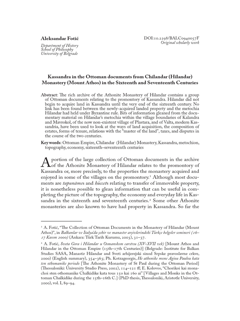 Kassandra in The Ottoman Documents From Chilandar Monastery in The 16th ...
