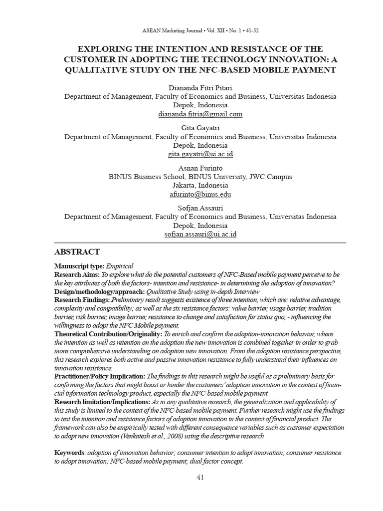 Exploring The Intention and Resistance of The Customer in Adopting The Technology Innovation ...