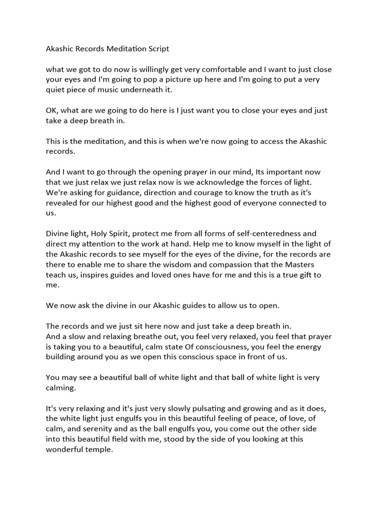 Akashic Records Meditation Script | PDF | Meditation | Prayer Akashic Records Meditation Script | PDF | Meditation | Prayer