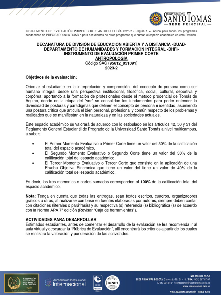 Instrumento de Evaluación Primer Corte Antropología | PDF | Antropología | Evaluación