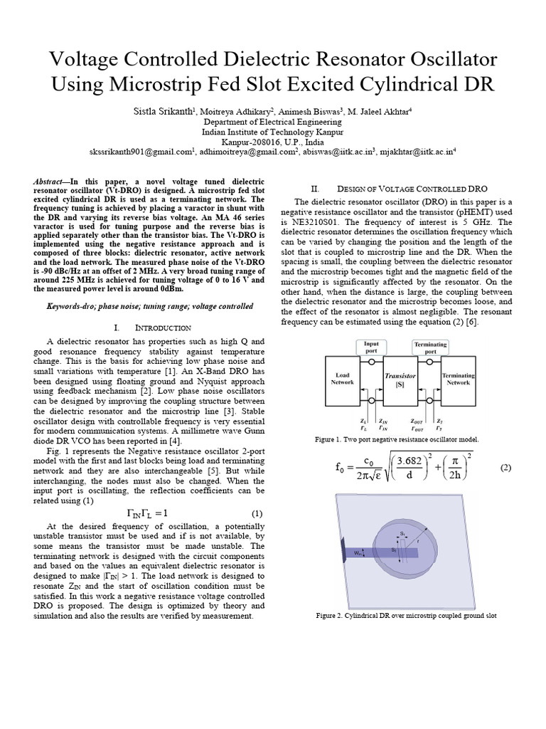 Voltage Controlled Dielectric Resonator Oscillator Using Microst 2017 | PDF | Electronic ...