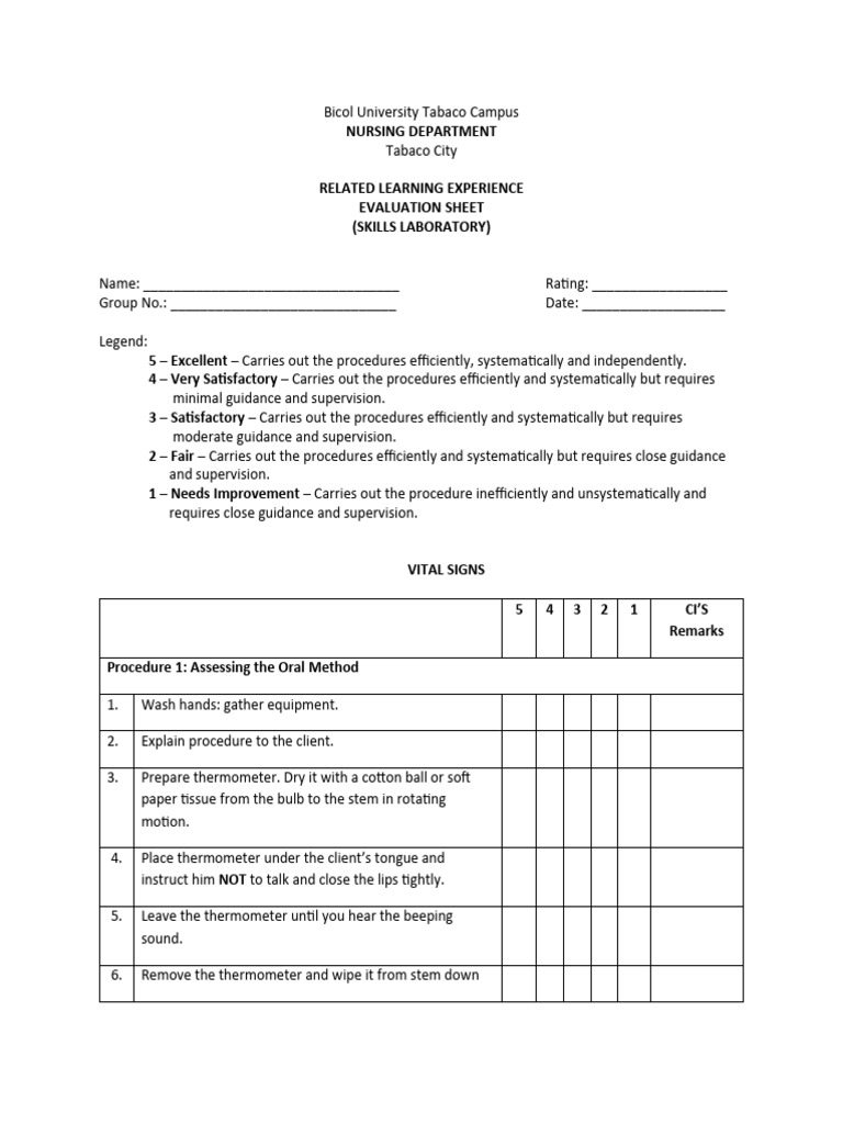 Nursing Skills Lab Evaluation Sheet | PDF | Pulse | Breathing