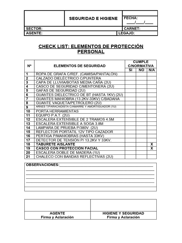 Check List Epp para Cuadrilla Guardia Reclamo Original | PDF