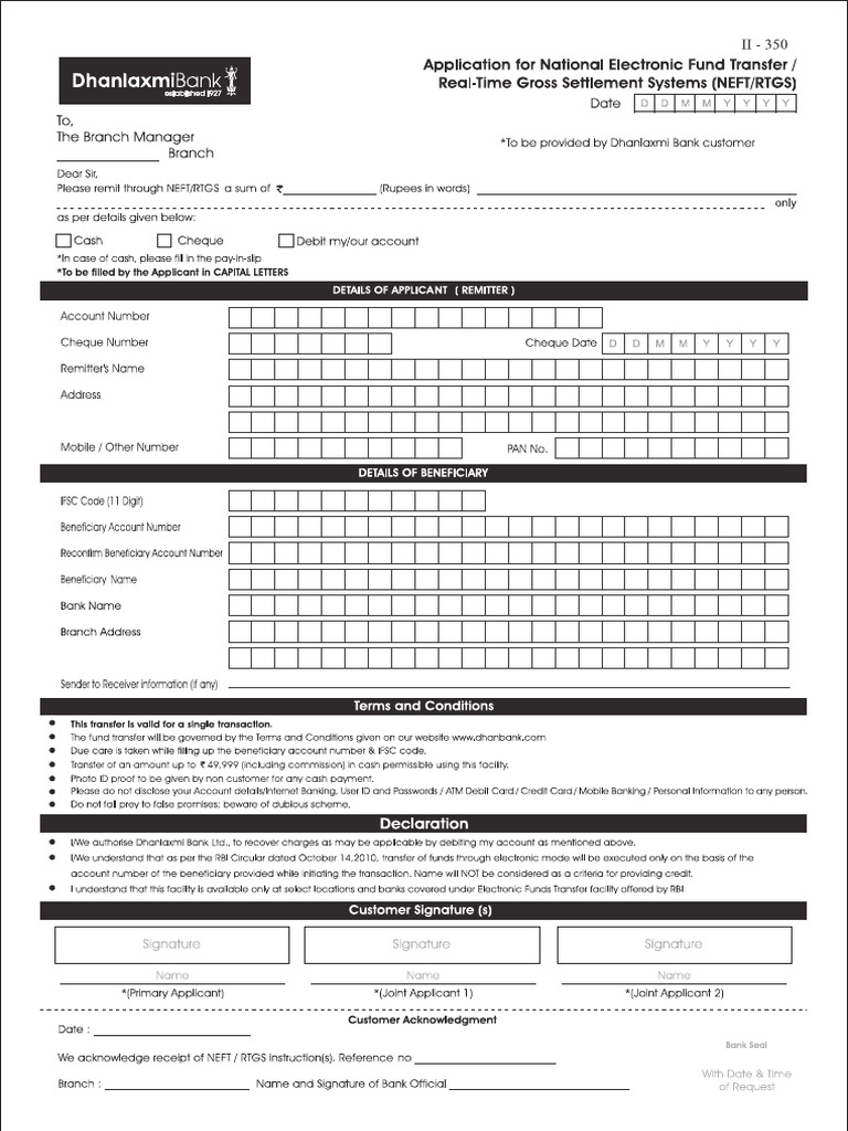 RTGS NEFT Branch Form | PDF