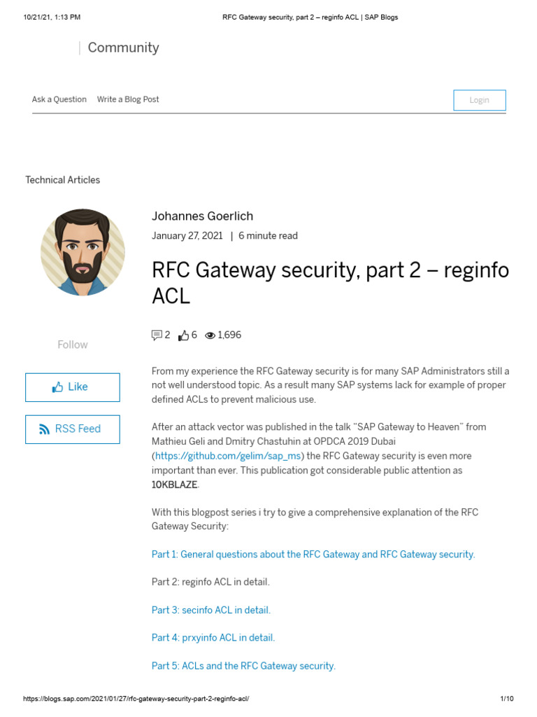 RFC Gateway Security, Part 2 - Reginfo ACL - SAP Blogs | PDF | Server ...