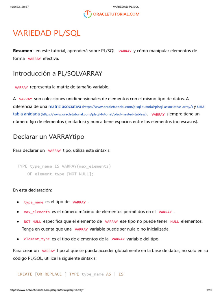 VARRAYS | PDF | Pl / Sql | SQL