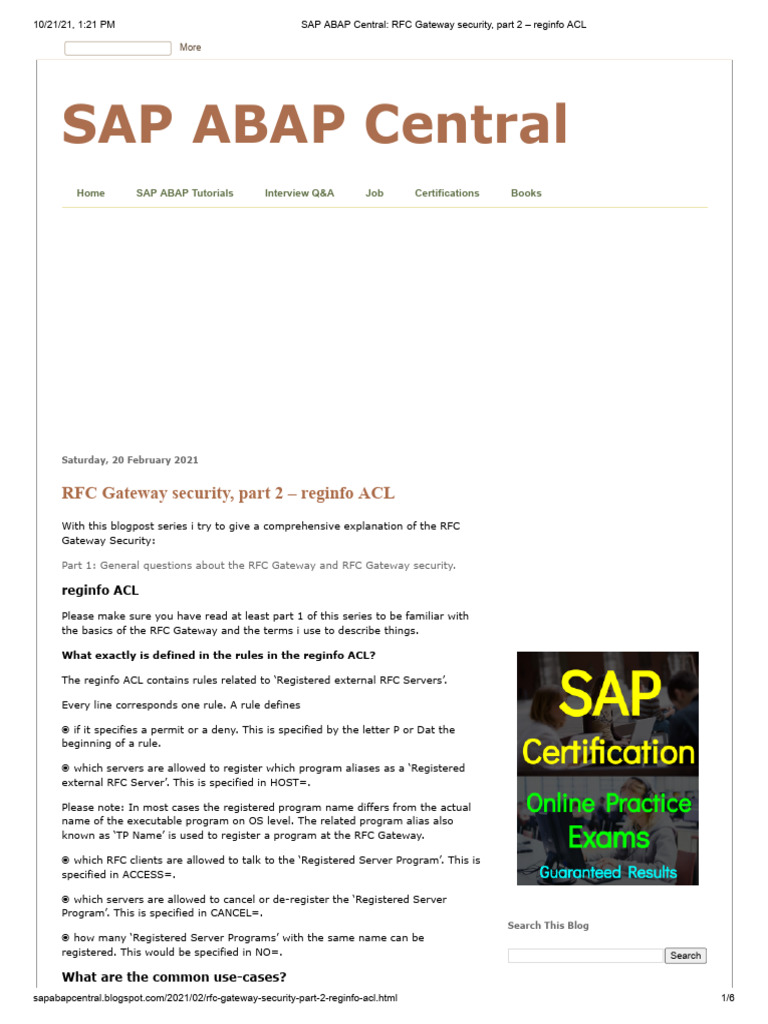 SAP ABAP Central - RFC Gateway Security, Part 2 - Reginfo ACL | PDF | Server (Computing ...