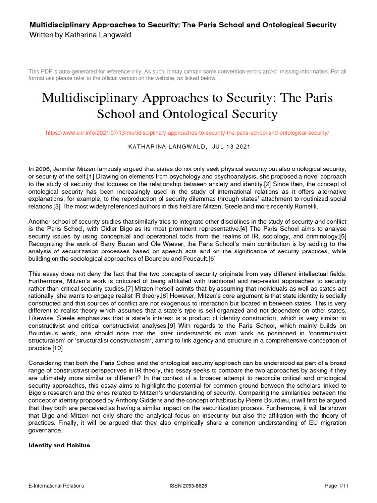 Langwald - Multidisciplinary Approaches To Security The Paris School and Ontological Security ...