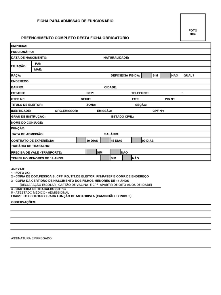 Ficha para Admissão de Funcionário | PDF