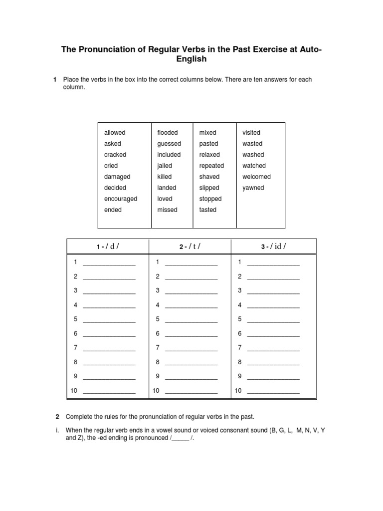The Pronunciation of Regular Verbs in The Past Exercise at Auto | PDF